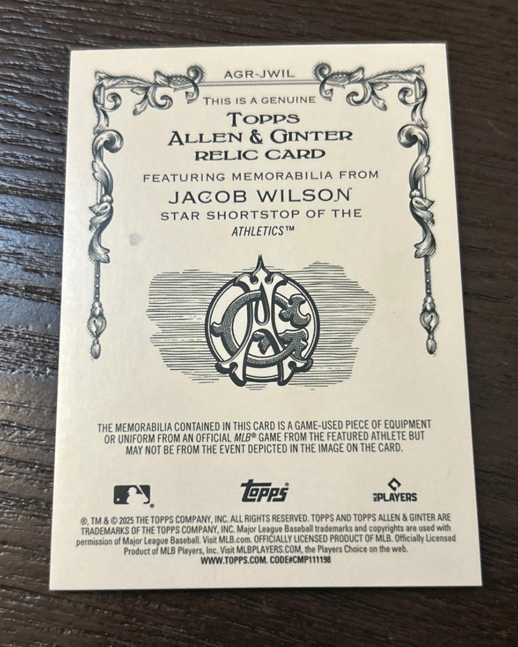2025 Topps Allen & Ginter ~ Jacob Wilson RC Bat Relic “Jersey #5”- 5/5 ...